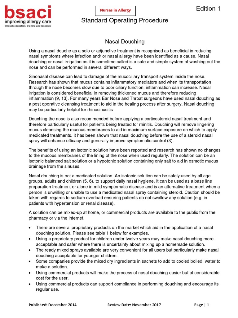 Edition 1 Standard Operating Procedure: Nasal Douching | PDF