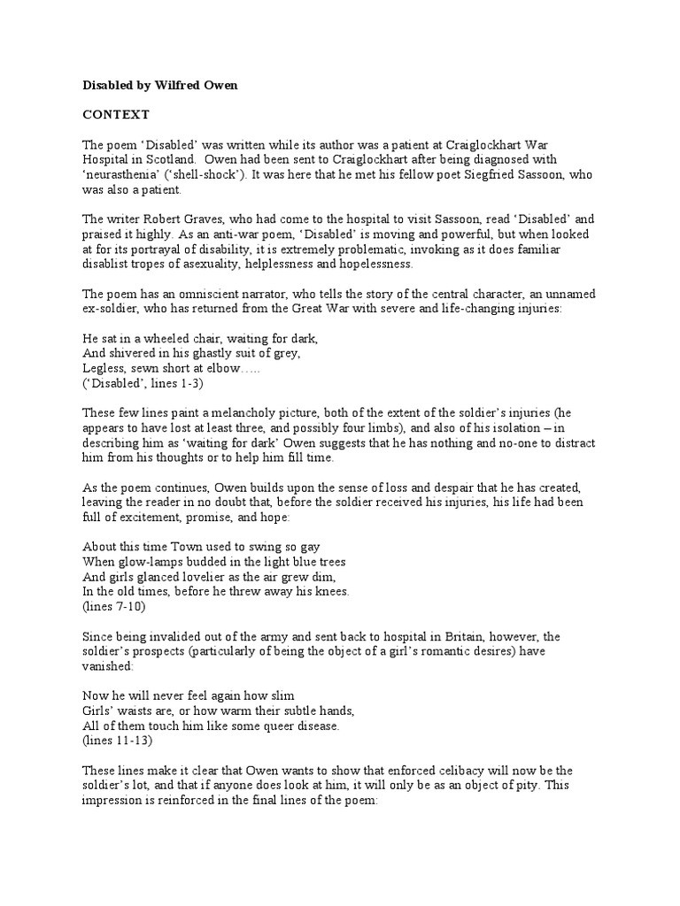 Context of Disabled by Wilfred Owen | PDF | Poetry
