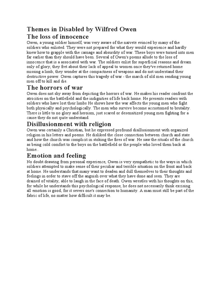 Themes in Disabled by Wilfred Owen | PDF