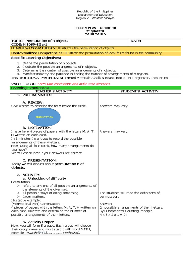 Math Lesson on Permutation of Objects | PDF | Permutation | Lesson Plan