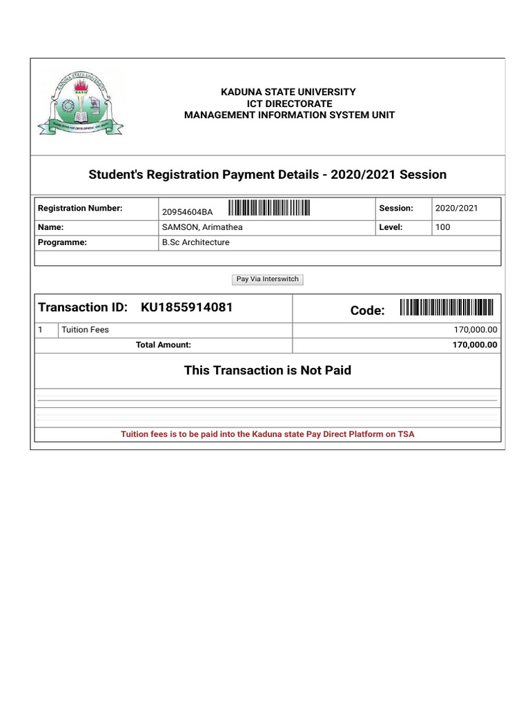 School Fees Transaction Slip - Kaduna State University - 1622420768263 ...