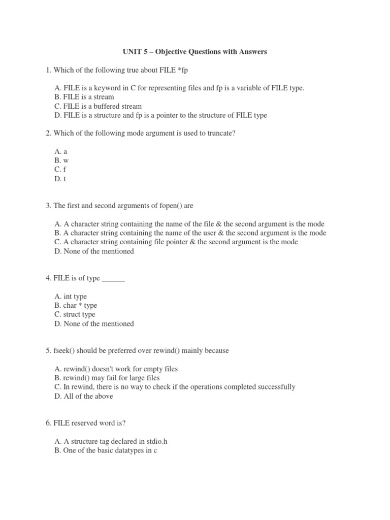 PPS - Unit 5 Objective Questions | PDF | Pointer (Computer Programming) | Software Development