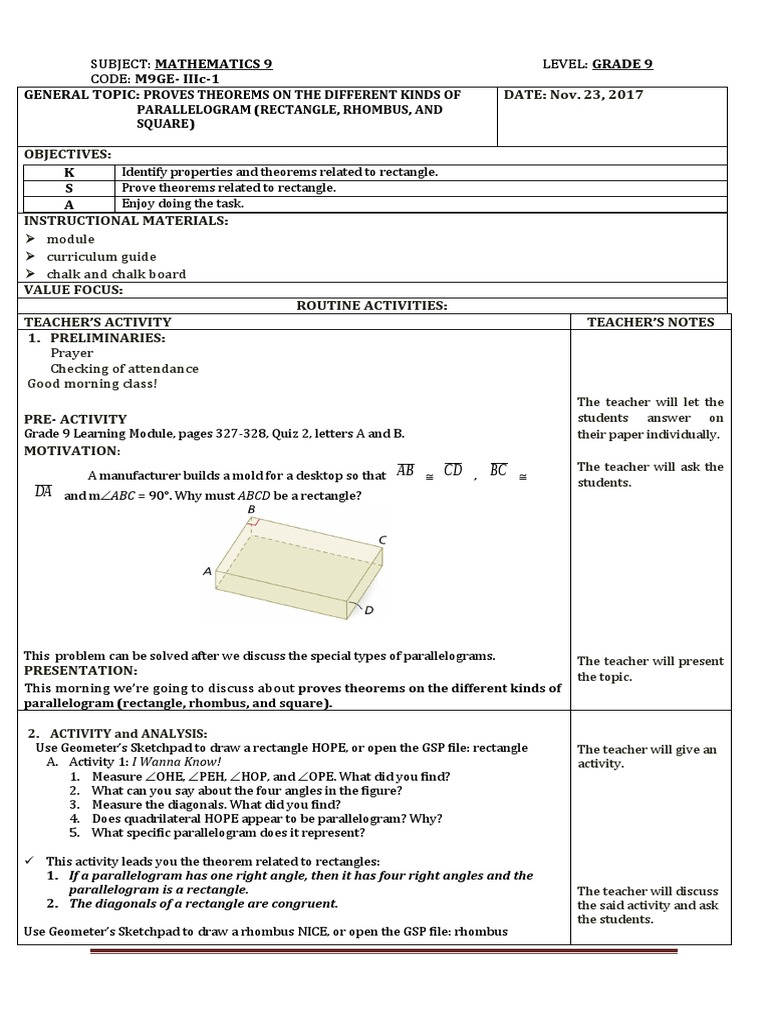 PROVES-THEOREMS-ON-THE-DIFFERENT-KINDS-OF-PARALLELOGRAM-RECTANGLE-RHOMBUS Pla | PDF | Rectangle ...