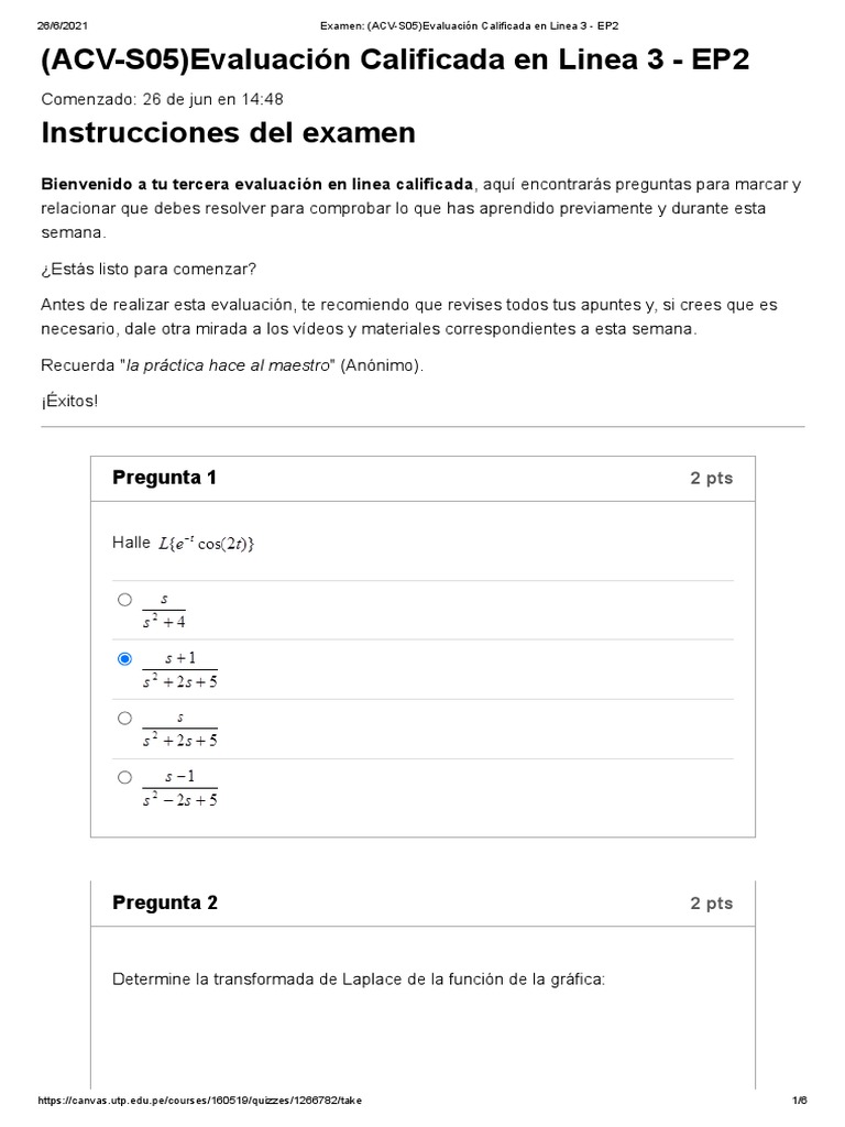 Examen - (ACV-S05) Evaluación Calificada en Linea 3 - EP2 | PDF | Enseñanza de matemática | Ocio