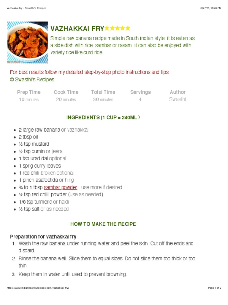 Vazhakkai Fry - Swasthi's Recipes | Download Free PDF | Food And Drink ...
