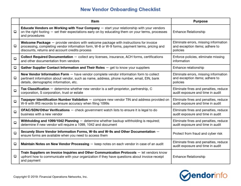 New Vendor Onboarding Checklist: Item Purpose | PDF | Audit ...
