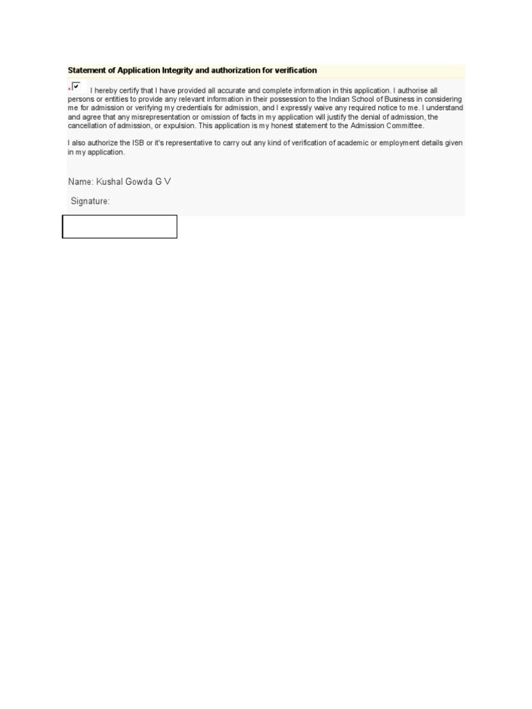 Statement of Application Integrity and Authorization For Verification | PDF