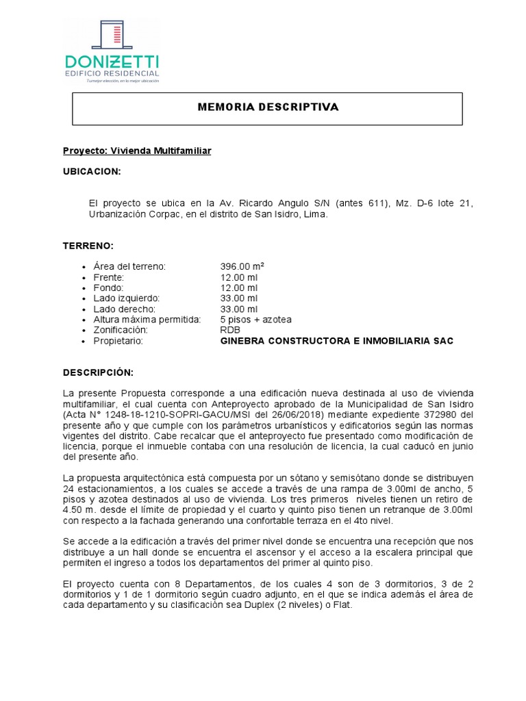 Memoria Descriptiva Edificio Multifamiliar Donizetti 9.12.2018 | PDF | Materiales | Ingeniero civil
