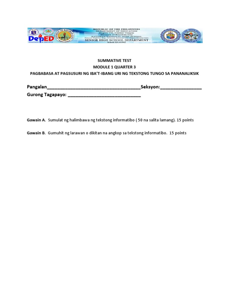 Summative Test Sa PAGBABASA AT PAGSUSURI - QUARTER 3 | PDF