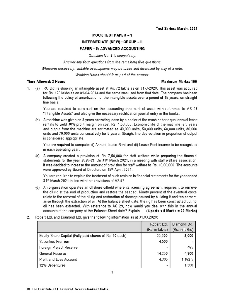 Test Series: March, 2021 Mock Test Paper - 1 Intermediate (New) : Group ...