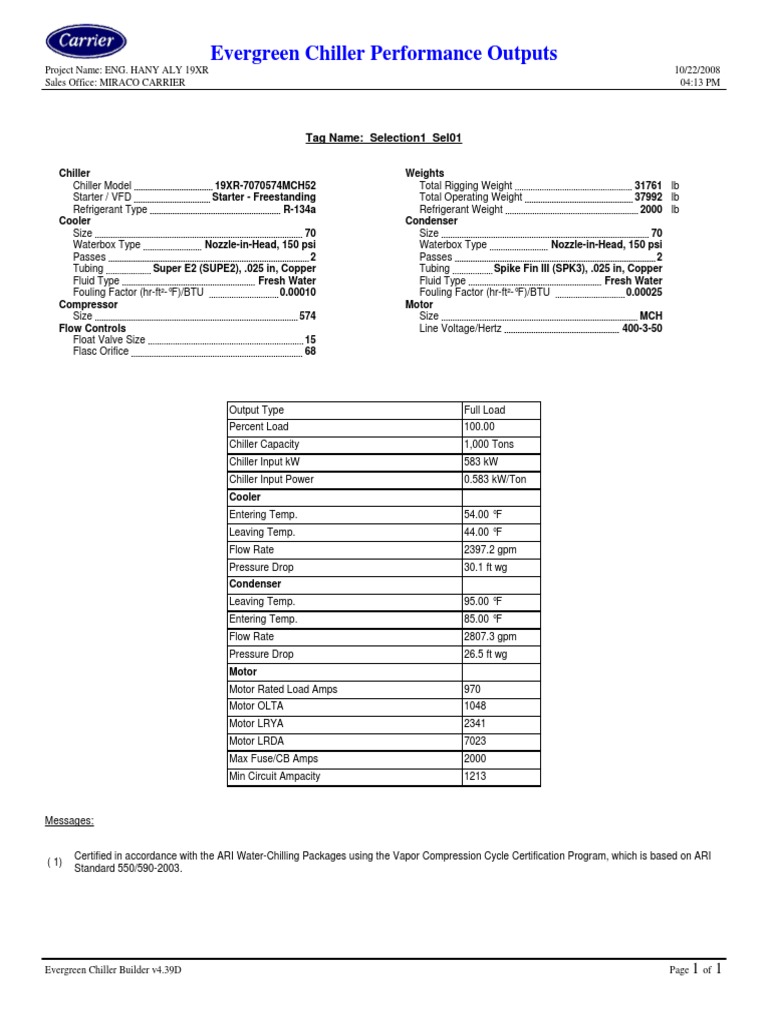 Evergreen Chiller Performance Outputs: Tag Name: Selection1 - Sel01 ...
