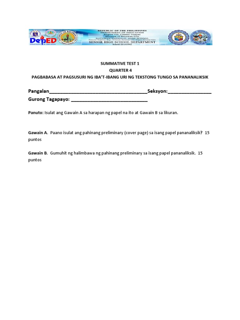 Summative Test Sa Pagbabasa at Pagsusuri - Quarter 4 | PDF
