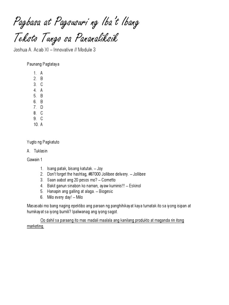 Pagbasa at Pagsusuri Modyul 3 | PDF