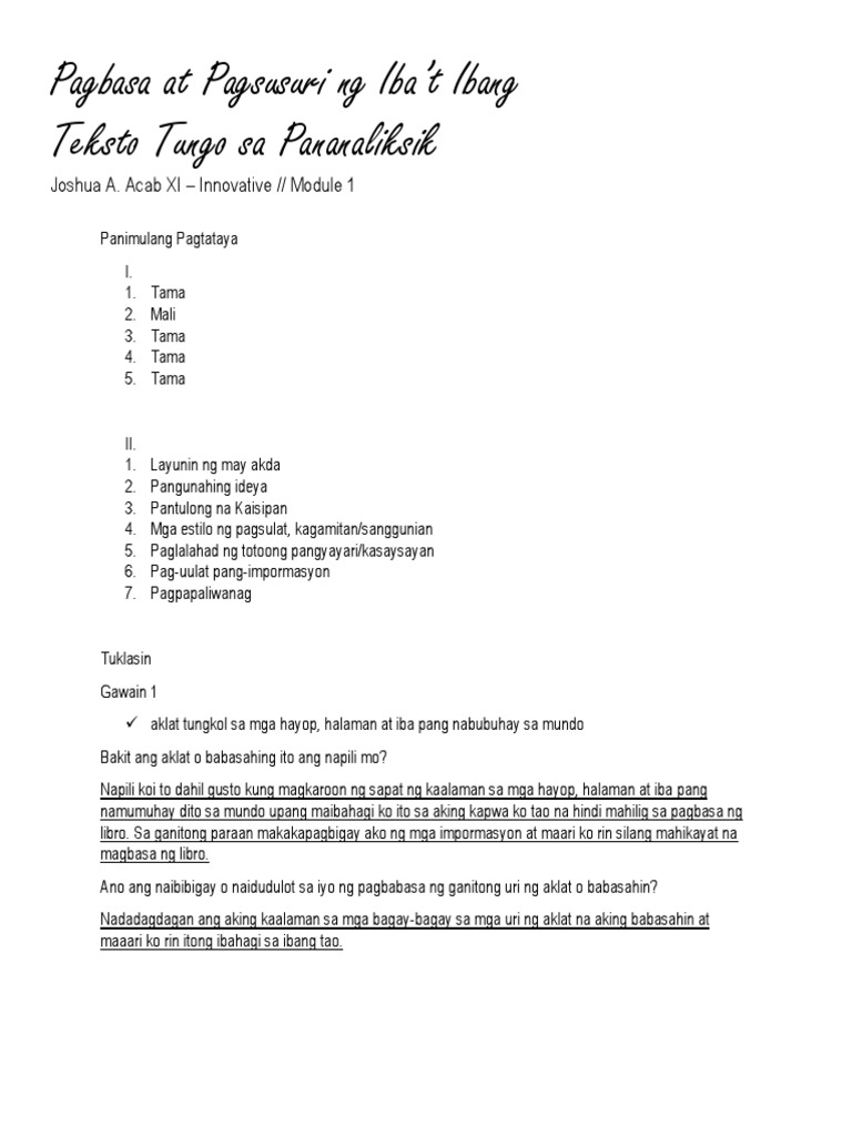 Pagbasa at Pagsusuri Modyul 1 | PDF