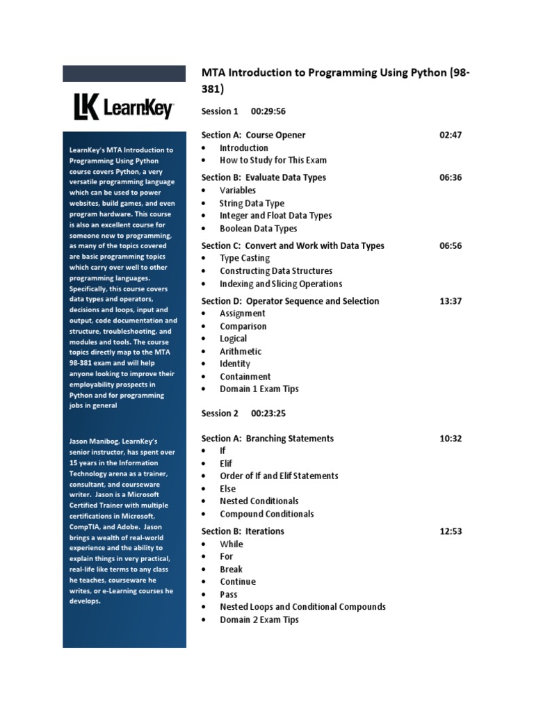 MTA Introduction To Programming Using Python (98-381) Outline | PDF | Data Type | Command Line ...