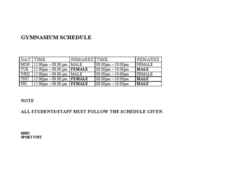 Gymnasium Schedule | PDF | Sports & Recreation | Wellness