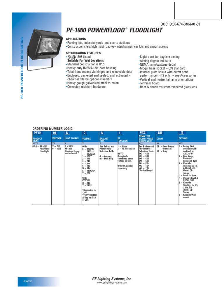 Pf-1000 Powerflood Floodlight: Applications | PDF | Optics ...