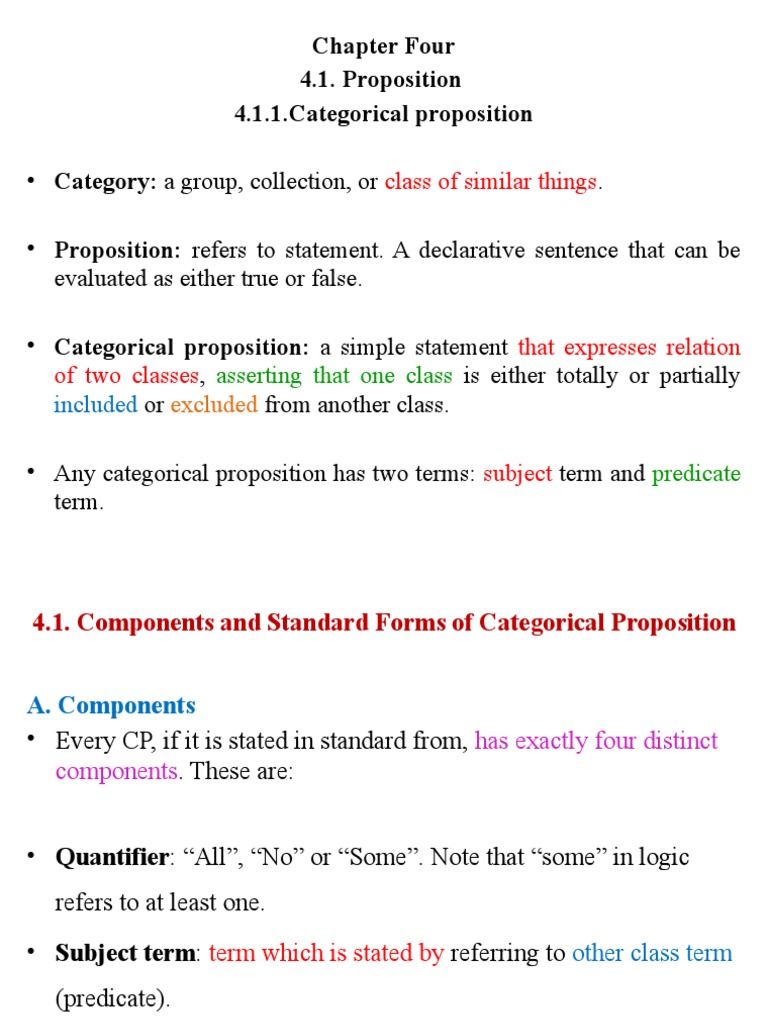 Chapter Four 4.1. Proposition 4.1.1.categorical Proposition: Class of ...
