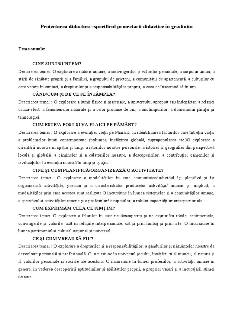 Proiectarea Didactica Specificul Proiectarii Didactice in Gradinita | PDF