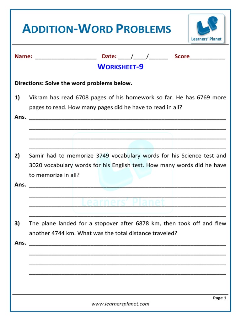 Addition Word Problems Workbook 2 | PDF