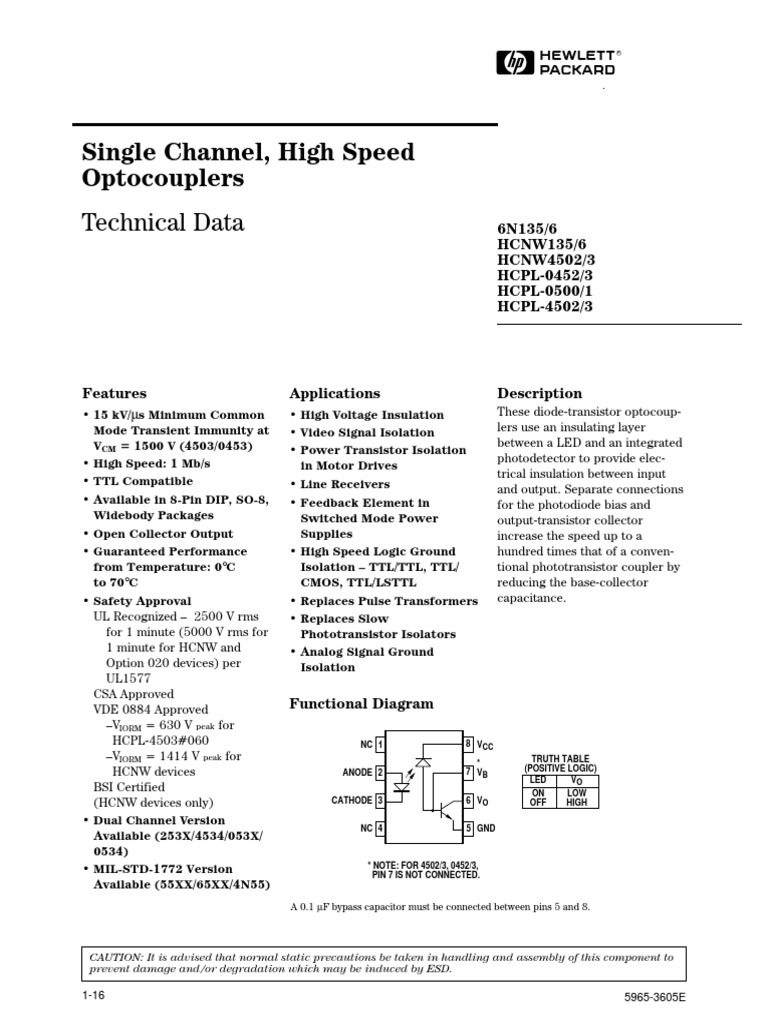 Single Channel, High Speed Optocouplers: 6N135/6 HCNW135/6 HCNW4502/3 ...
