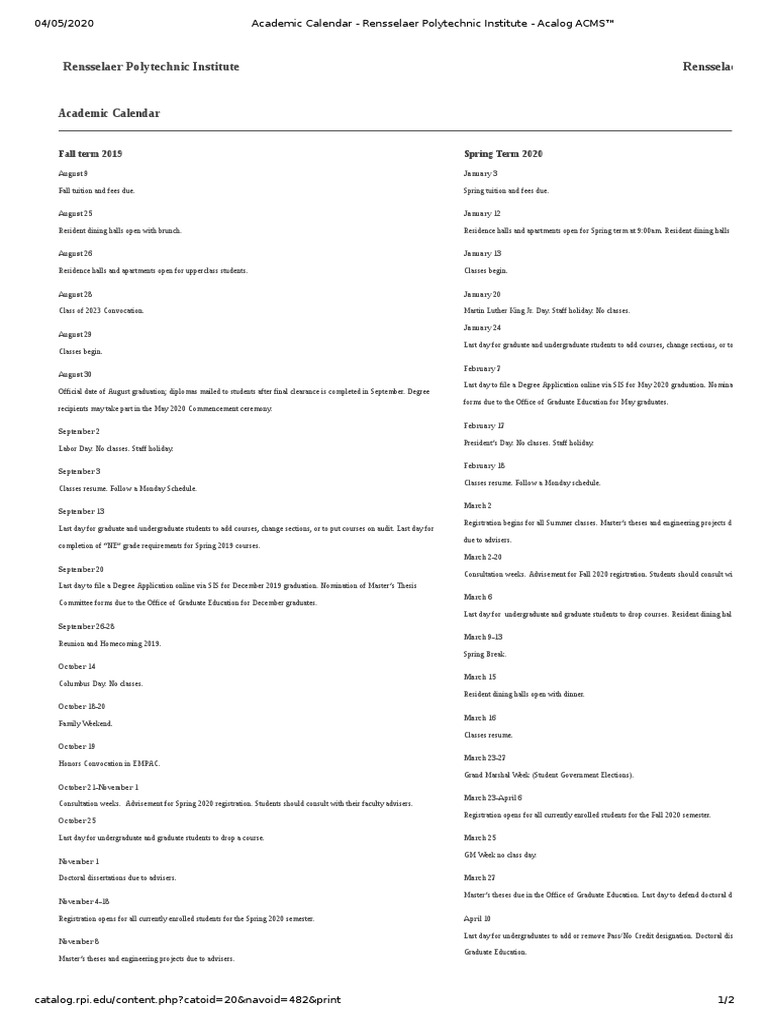 Academic Calendar - Rensselaer Polytechnic Institute - Acalog ACMS ...