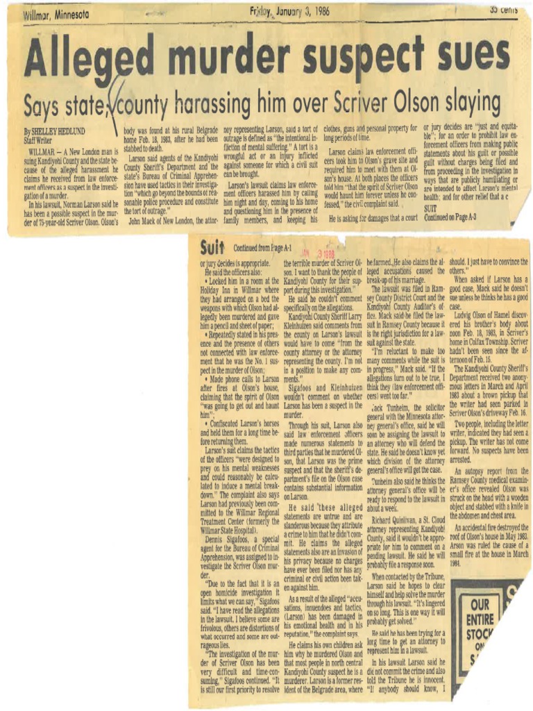 Alleged Murder Suspect in Joseph Olson Sues Murder Sues Law Enforcement ...