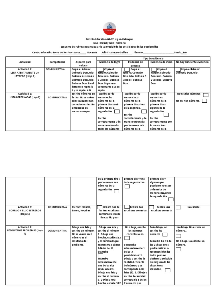Rubrica 1ro Junio. LOMA | PDF