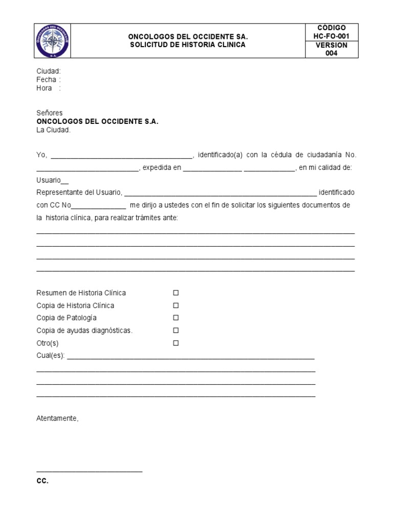 HC-F0-001 Solicitud de Historia Clinica | PDF