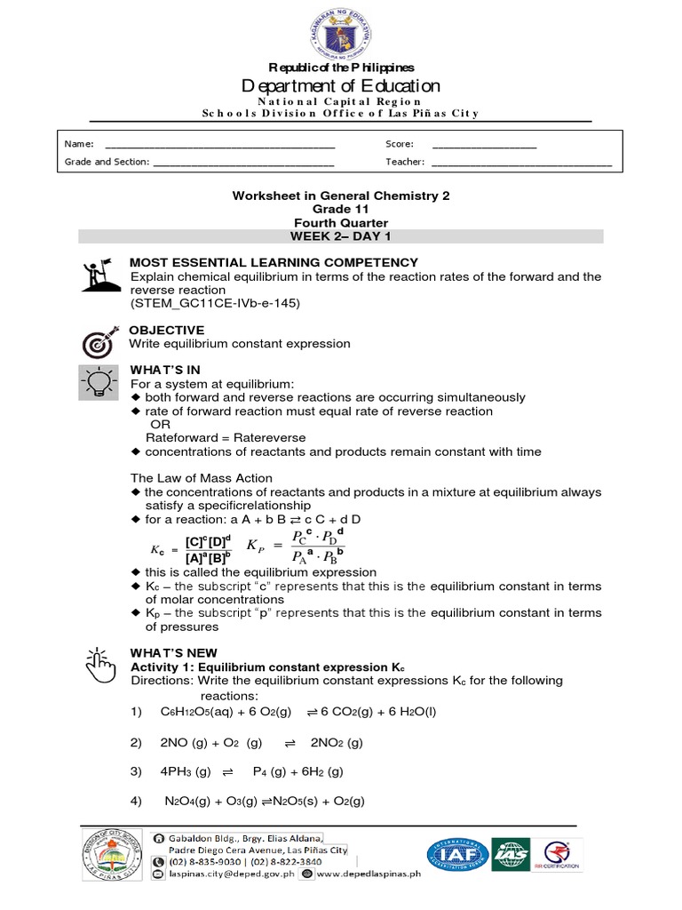 Worksheet in General Chemistry 2: Calculating Chemical Equilibria | PDF ...