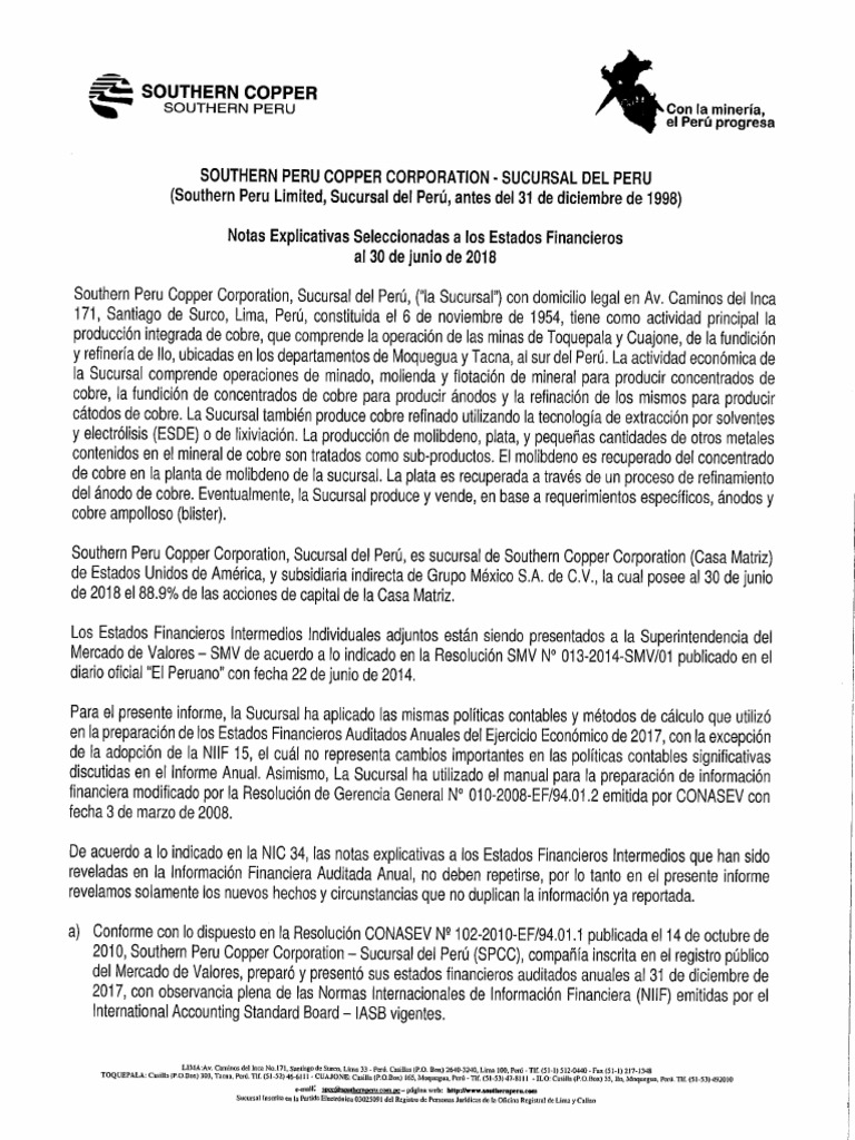 SPCC-Notas EEFF 2Q18 2DO TRIMESTRE | PDF