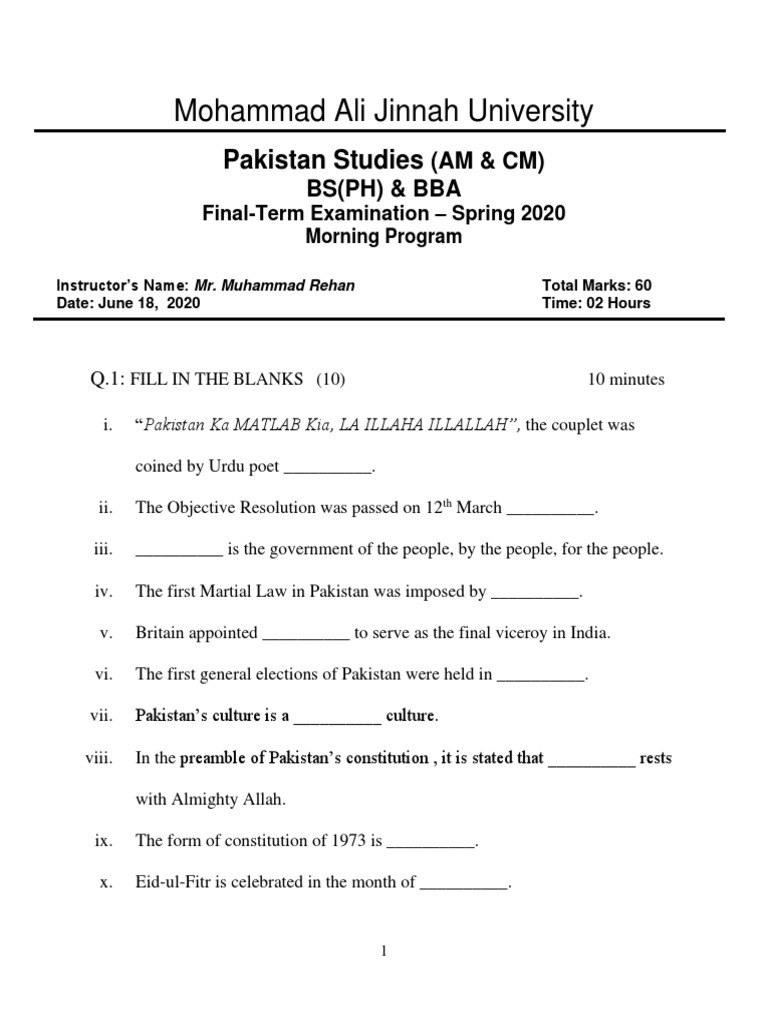 Pakistan Studies Final | PDF | Muhammad Ali Jinnah | All India Muslim ...