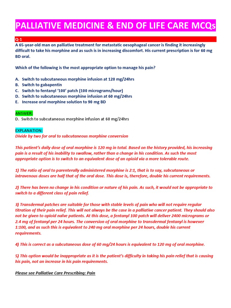 PASSMEDICINE MRCP MCQs-PALLIATIVE MEDICINE AND END OF LIFE CARE | PDF | Opioid | Morphine