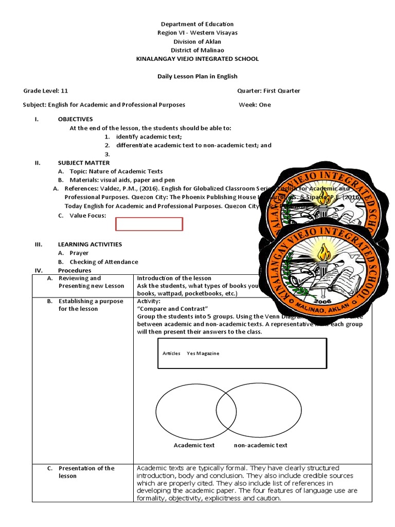 Grade 11 English Lesson Plan: Academic Texts | PDF | Lesson Plan ...