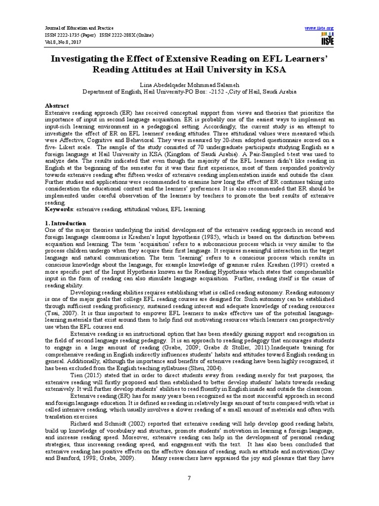 Salameh - 2017 - Investigating The Effect of Extensive Reading On EFL Learners' | PDF | English ...