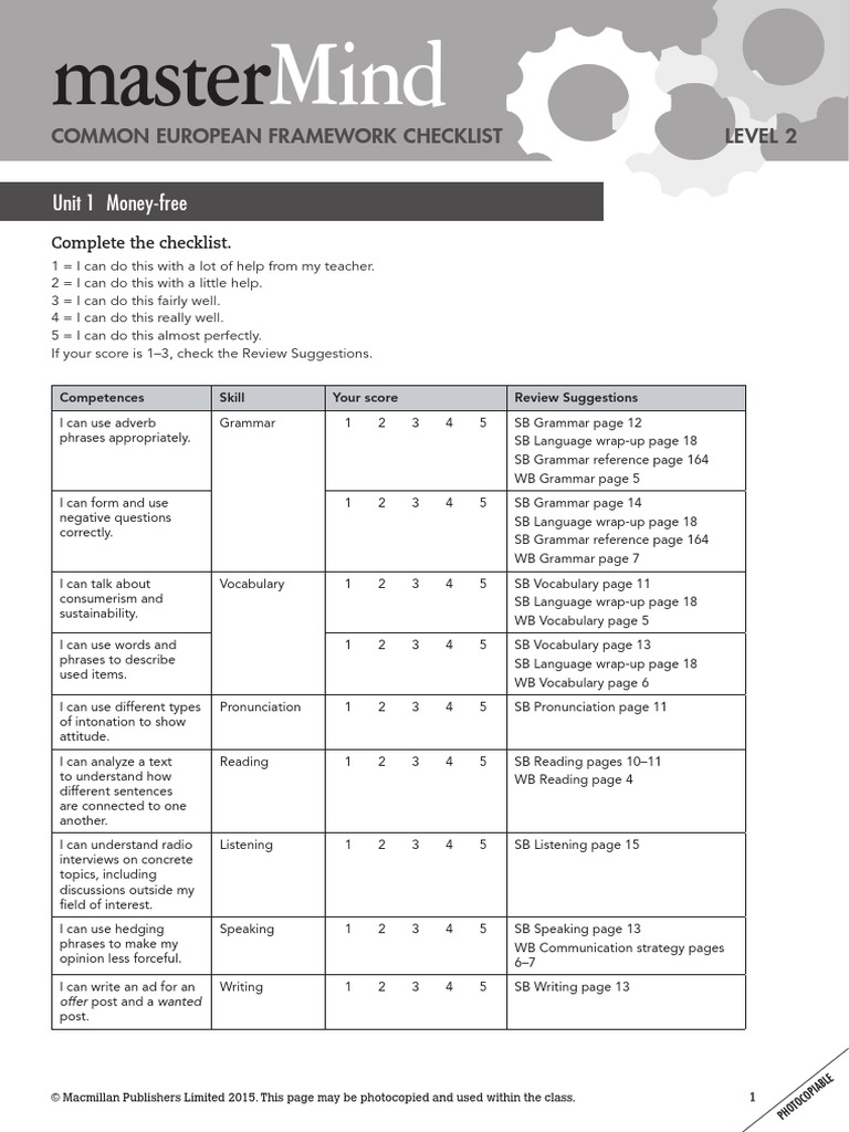 Mastermind 2 Unit 1 CEFR Checklist | PDF | Vocabulary | Grammar