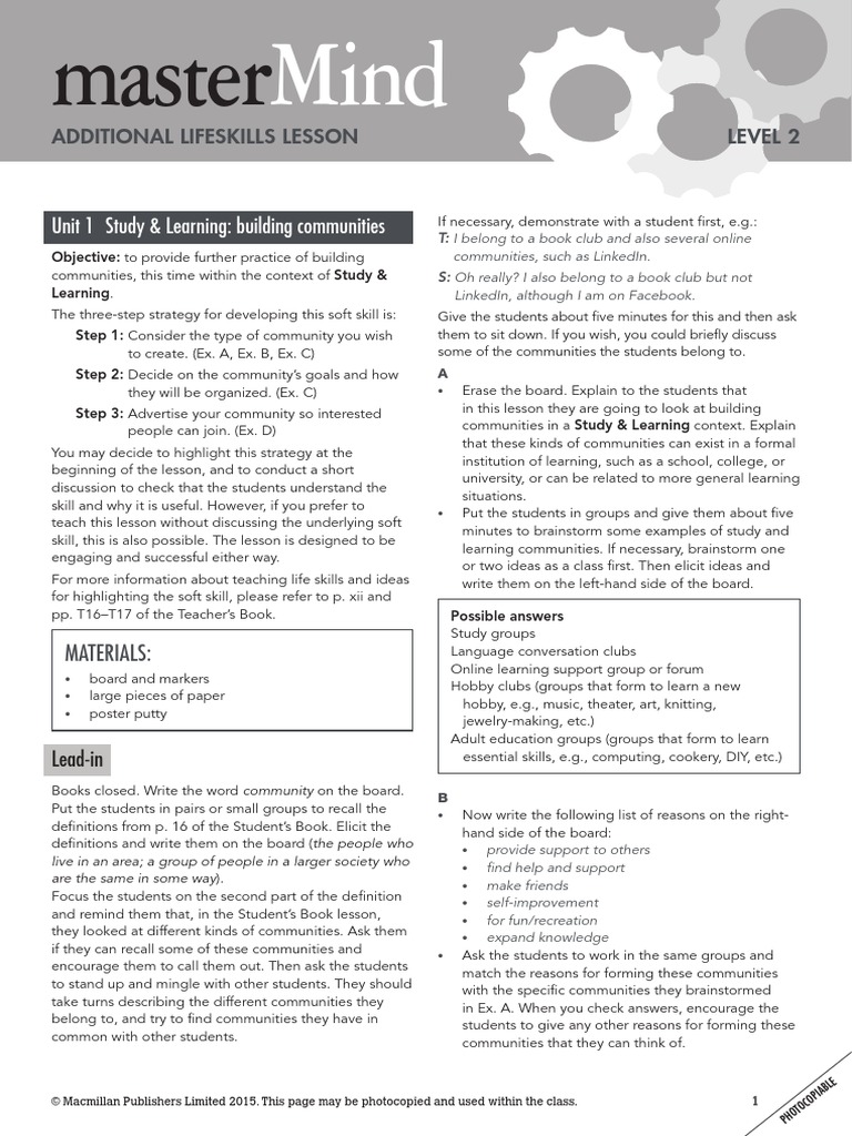 MasterMind 2 Unit 1 Extra LifeSkills Lesson 1 | PDF | Learning ...