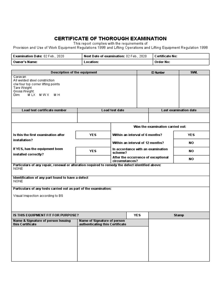 Certificate of Thorough Examination | PDF
