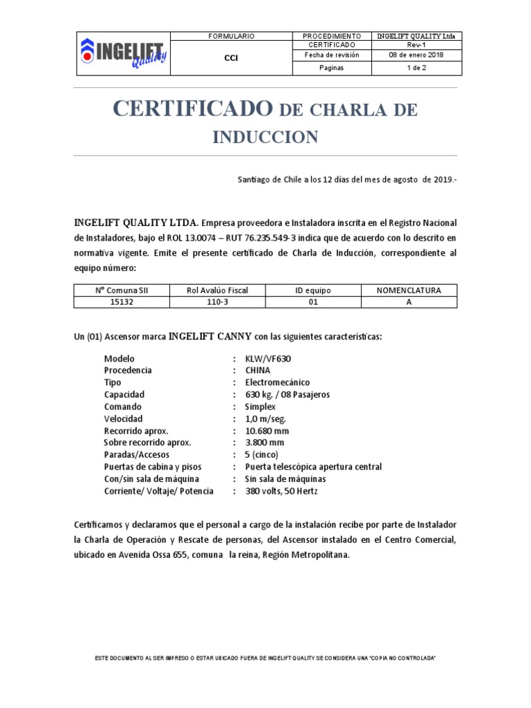 CERTIFICADO DE CHARLA DE INDUCCIÓN (Ascensor) | PDF | Ascensor | Transporte