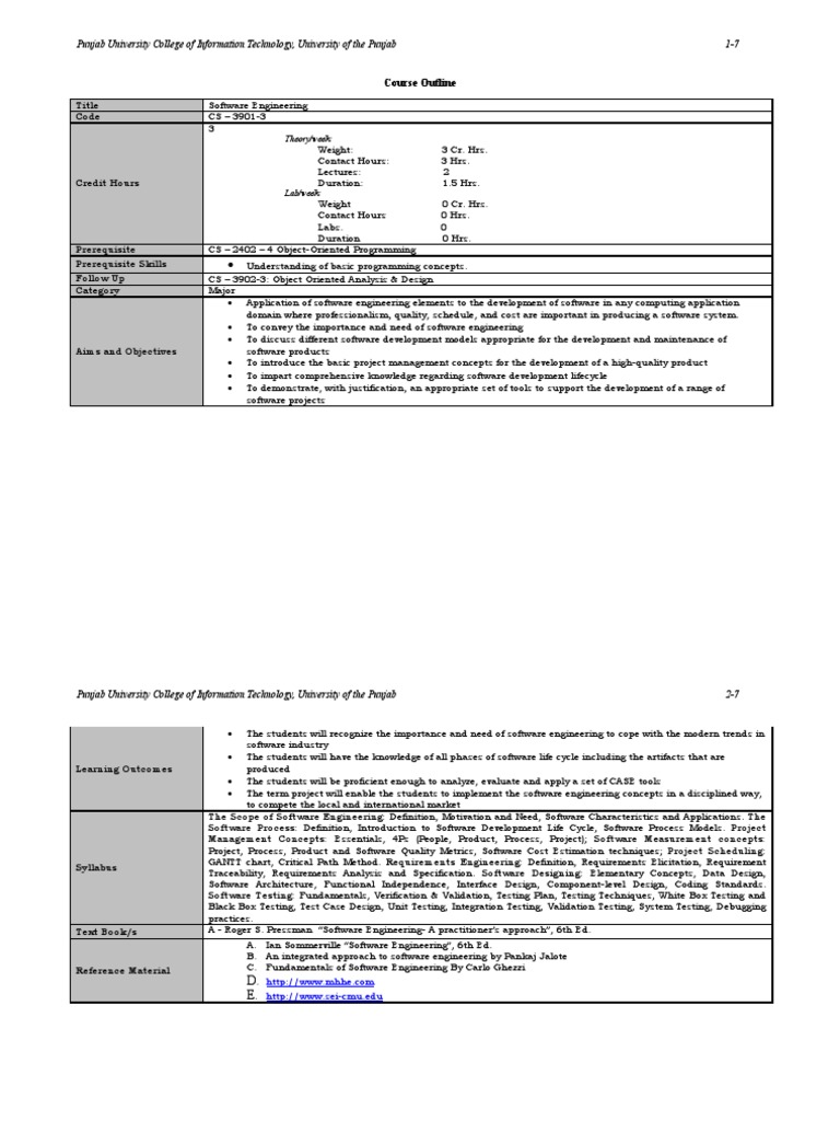 PUCIT - Software Engineering - Course Outline | PDF | Software ... PUCIT - Software Engineering - Course Outline | PDF | Software ...