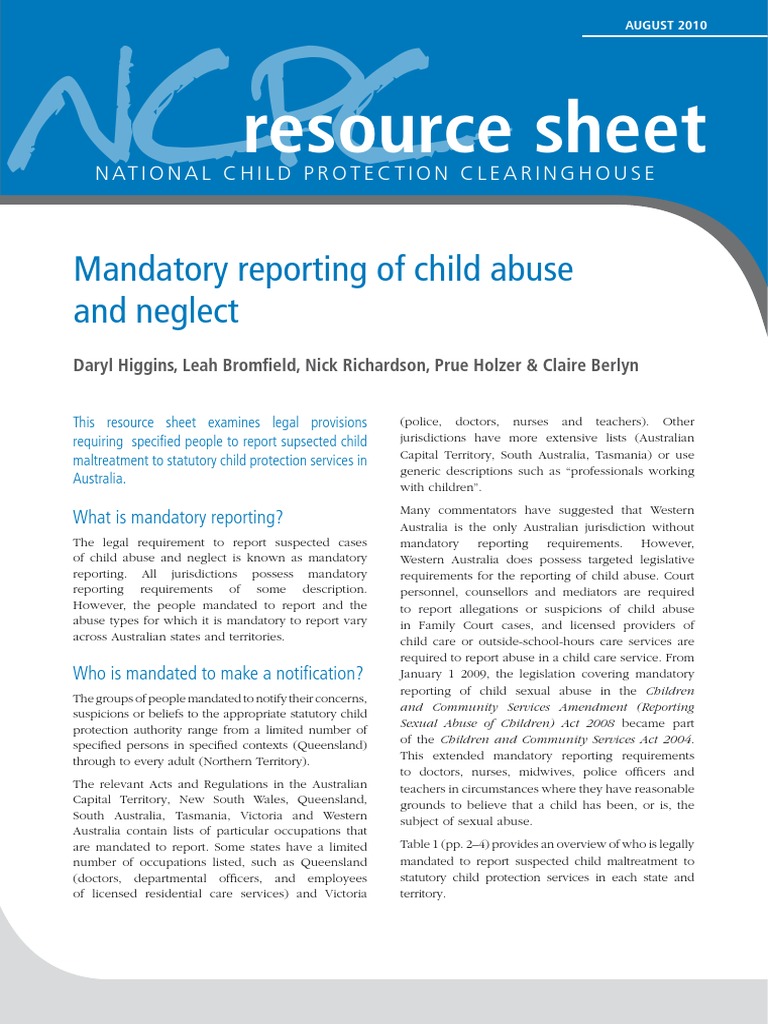 Mandatory Reporting of Child Abuse - Resource Sheet - August 2010 | PDF ...