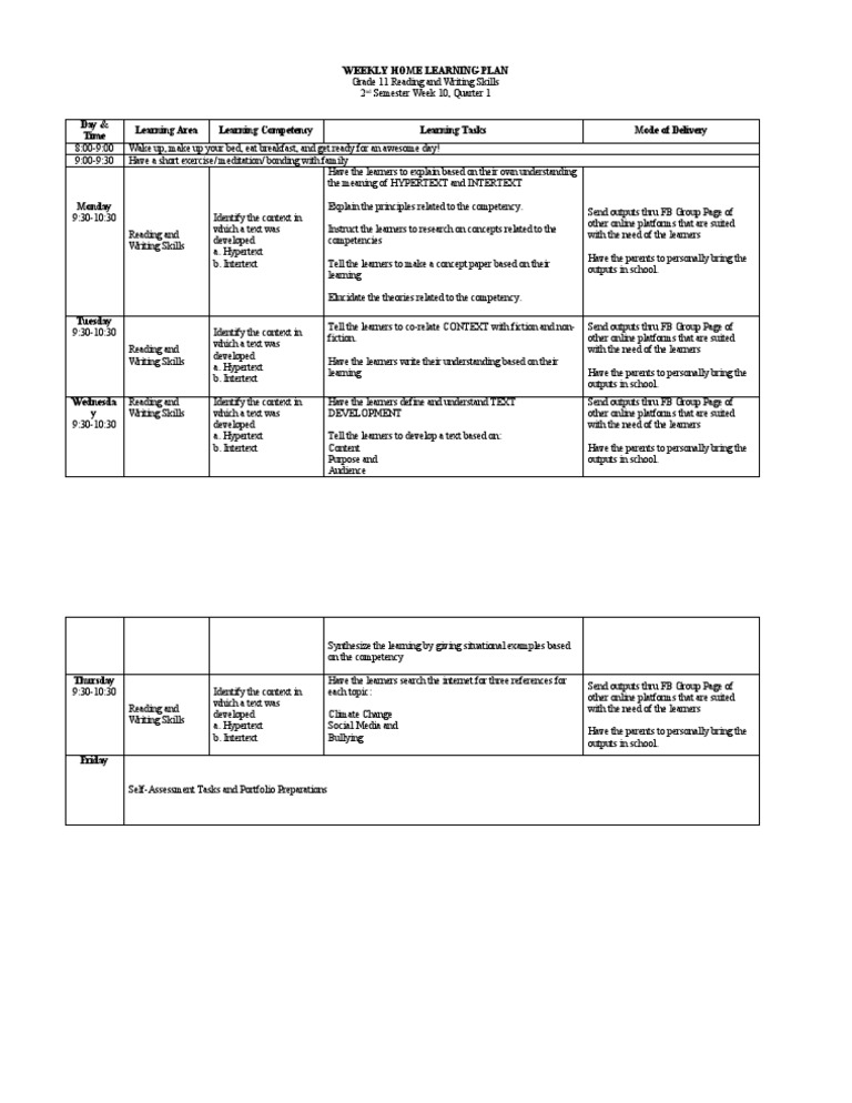 Weekly Home Learning Plan | PDF | Intertextuality | Learning
