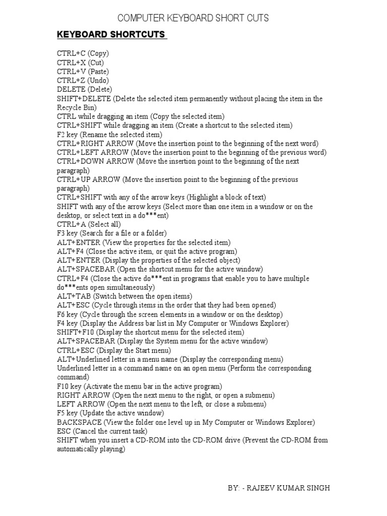 Computer Keyboard Short Cuts | PDF | Computer Keyboard | Control Key