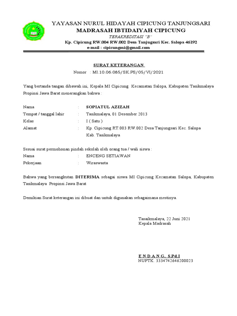 Surat Keterangan Diterima Sekolah | PDF