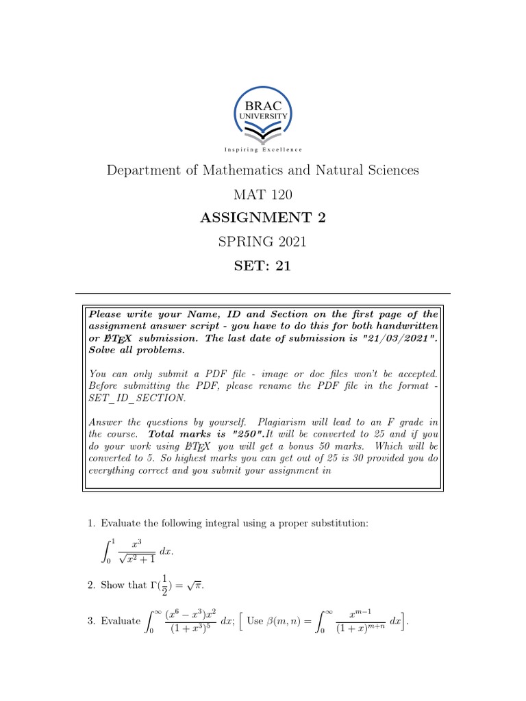 Department of Mathematics and Natural Sciences MAT 120 Assignment 2 SPRING 2021 SET: 21 | PDF ...