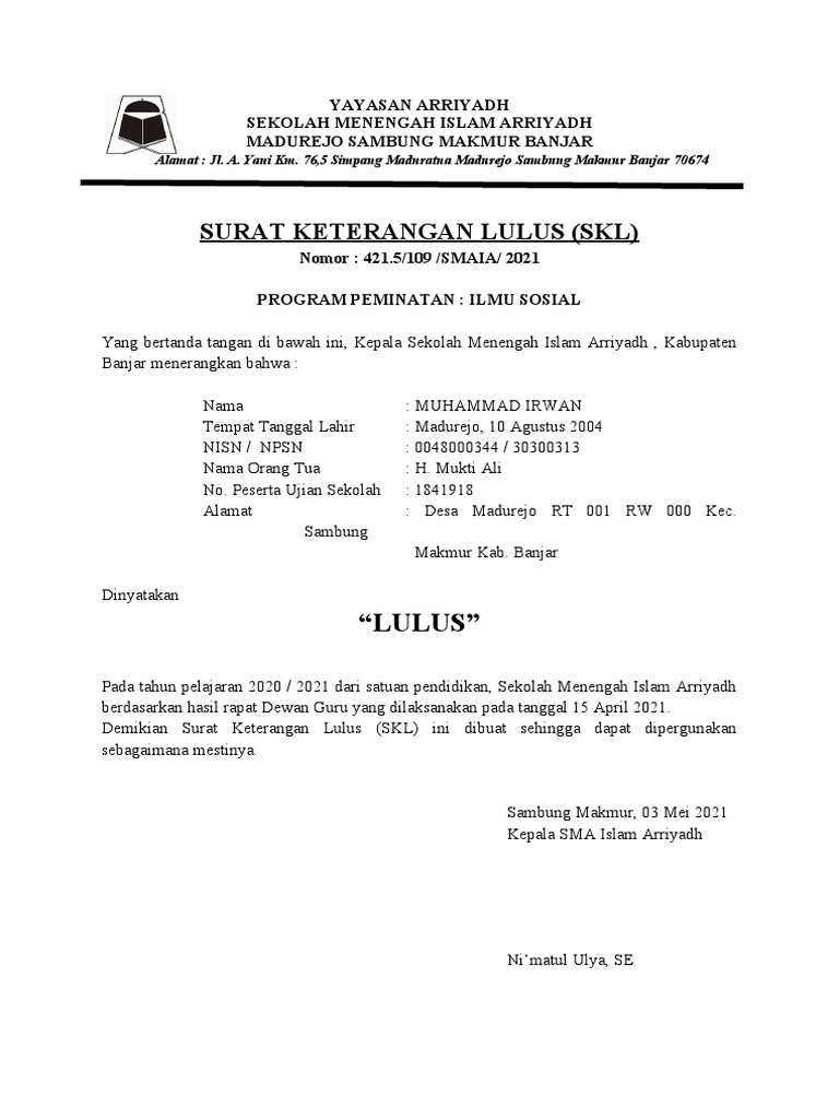 SK Lulus Sma 2021 | PDF
