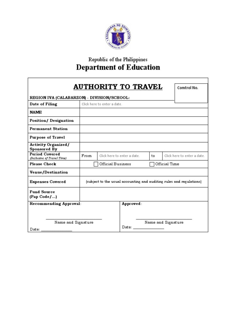 Authority To Travel Form | PDF