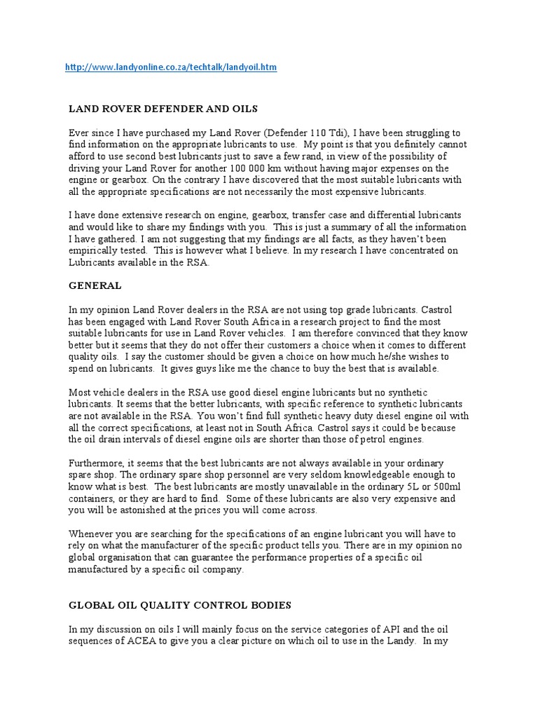 300tdi Defender Oil Spec | PDF | Motor Oil | Oils