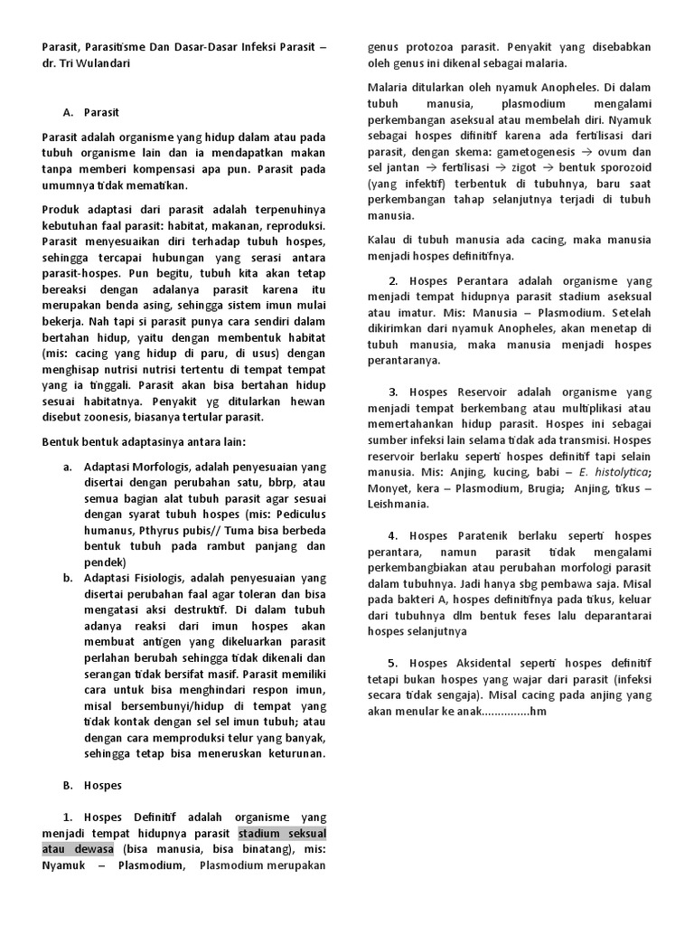 Dasar Infesksi Parasit - Dr. Tri W | PDF