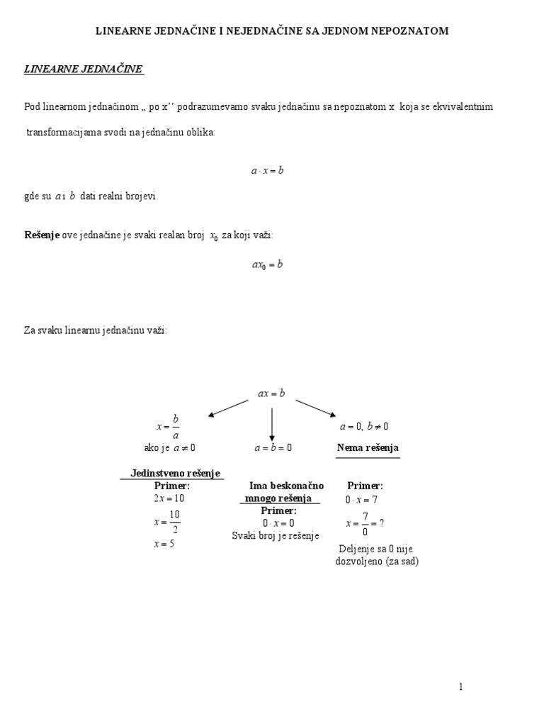 LINEARNE JEDNACINE I NEJEDNACINE SA JEDNOM NEPOZNATOM-formulice | PDF
